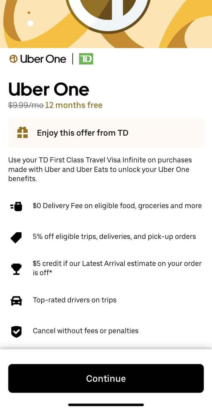 Uber One free for up to 12 months with TD cards
