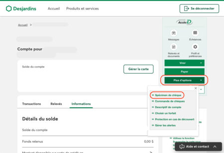 Comment obtenir un spécimen de chèque Desjardins sur AccèsD