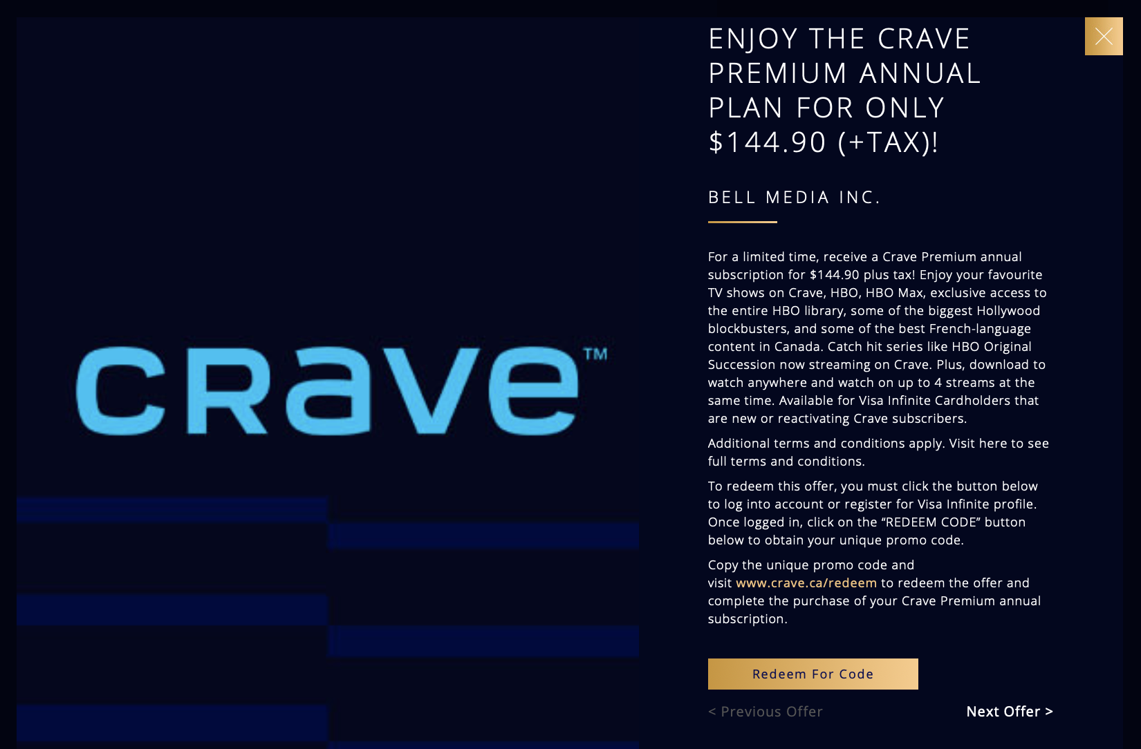 Enjoy Crave Premium with your Visa Infinite card! | Milesopedia